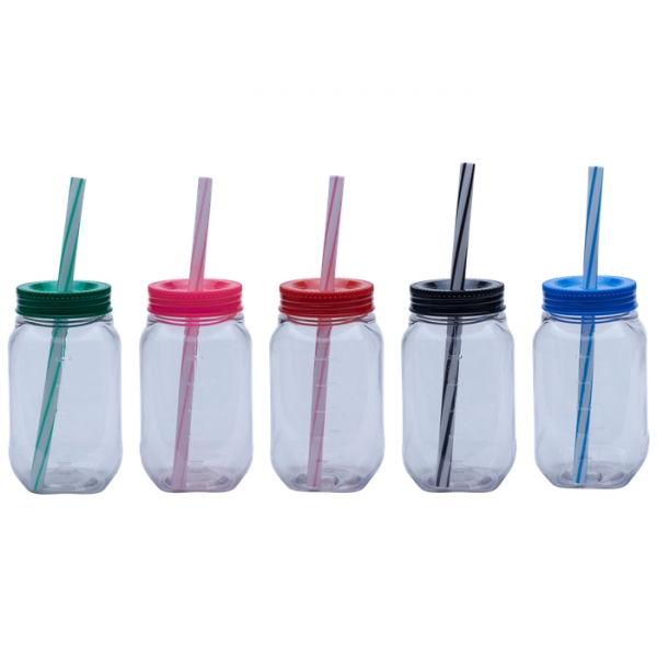 Vaso tipo jarra o jar de plastico con popote Drinking 600 ml Promocional